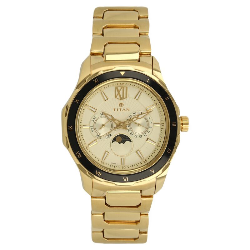 Titan Quartz Multifunction Champagne Dial Stainless Steel Strap Watch ...