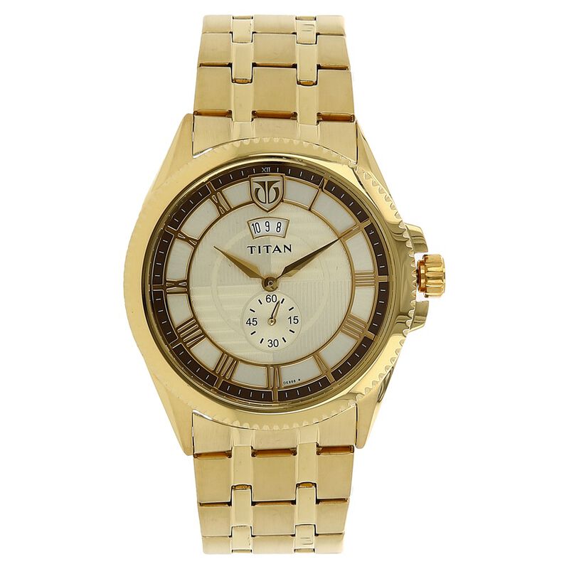 Titan Regal Crest Champagne Dial Analog With Date Stainless Steel Stra ...