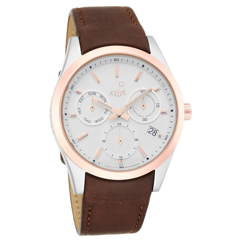 Xylys Swiss Multifunction Brown Leather Strap White Dial Watch For Men ...