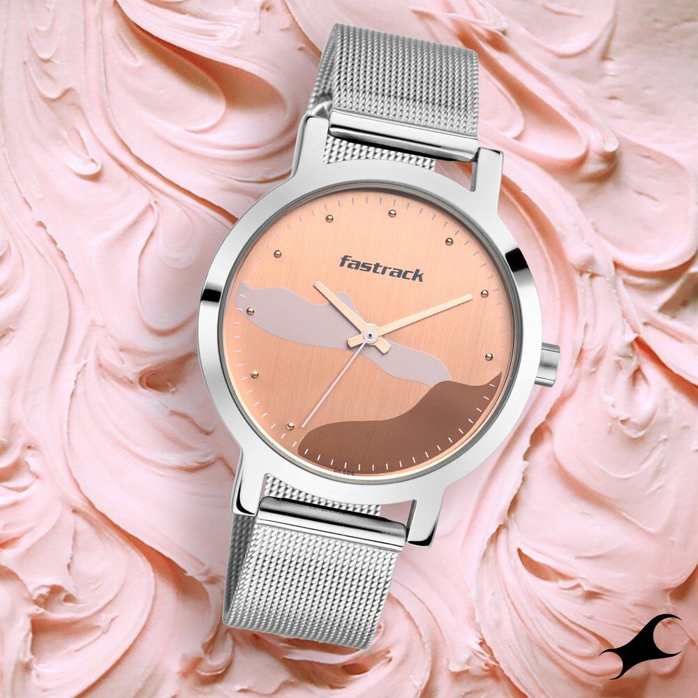 Fastrack Bare Basics Quartz Analog Rose Gold Dial Stainless Steel Stra ...
