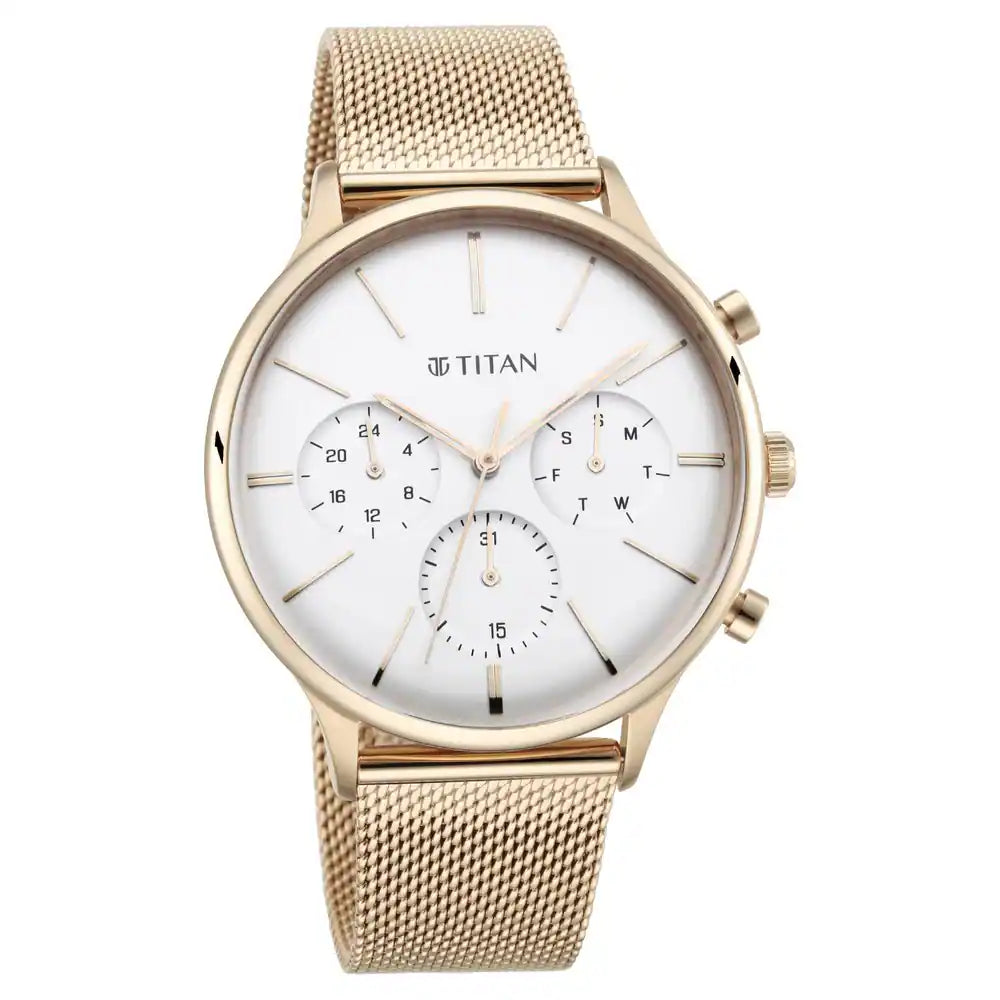 Titan Light Leathers Watch with Silver Dial & Pink Stainless Steel Str ...