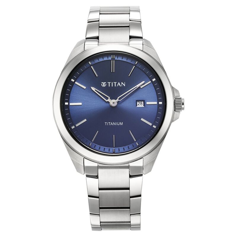 Titan Titanium Quartz Analog Blue Dial Stainless Steel Strap Watch for ...