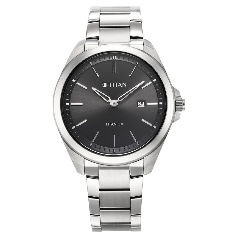 Titan Titanium Quartz Analog Black Dial Stainless Steel Strap Watch Fo ...
