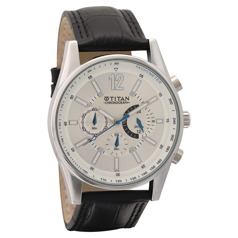 Titan Classic Silver Dial Chronograph Leather Strap watch for Men-NM93 ...