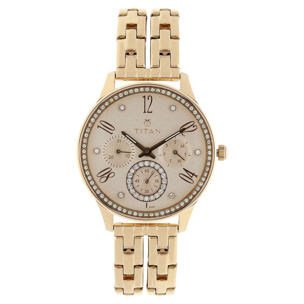Titan Purple Rose Gold Dial Quartz Multifunction Stainless Steel Strap ...