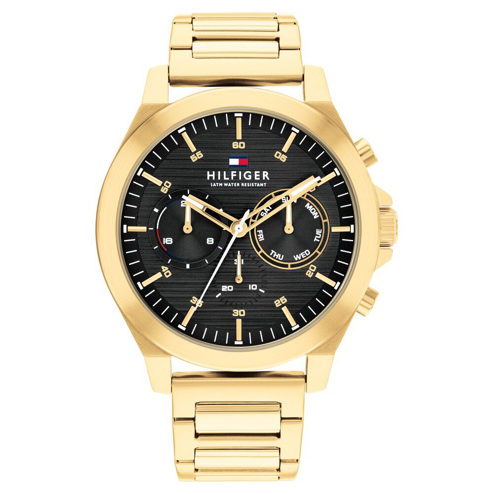 Tommy Hilfiger Black Dial Golden Colour Stainless Steel Strap Watch fo ...